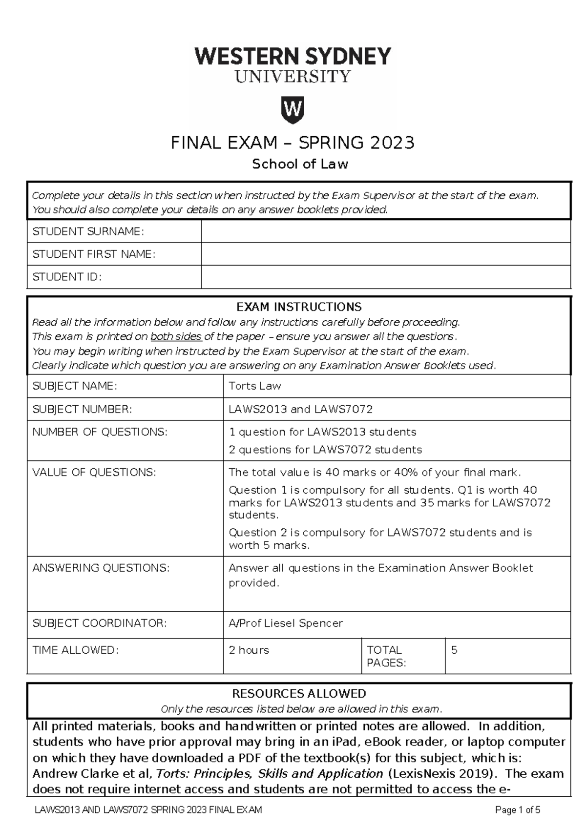 Exam 2023 with factual scenario redacted - FINAL EXAM – SPRING 2023 ...