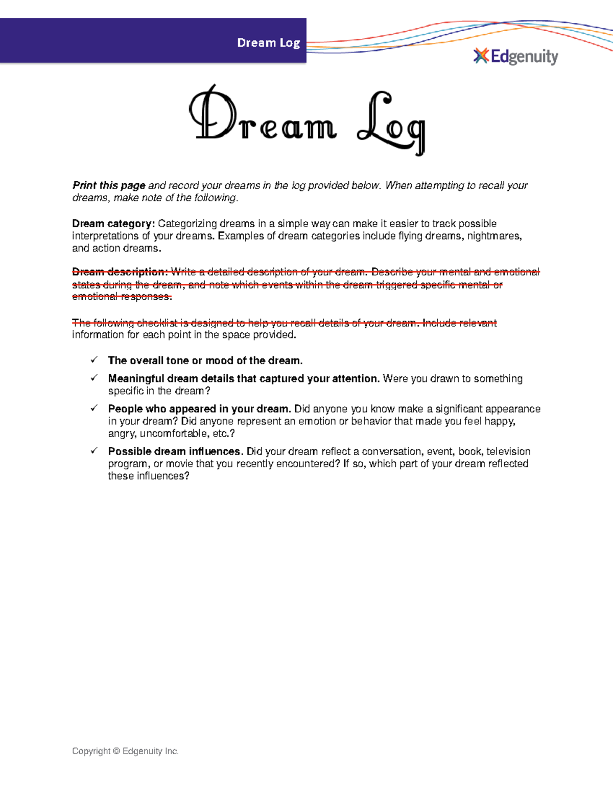 8066-01-01-dreamlog copy - Copyright © Edgenuity Inc. Dream Log Print ...