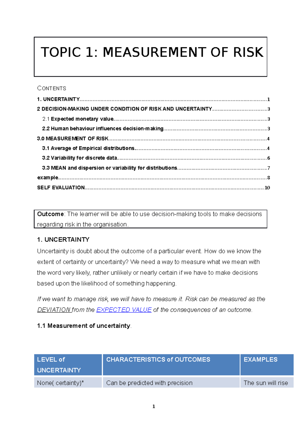 Measurement of risk using tools - TOPIC 1: MEASUREMENT OF RISK CONTENTS ...