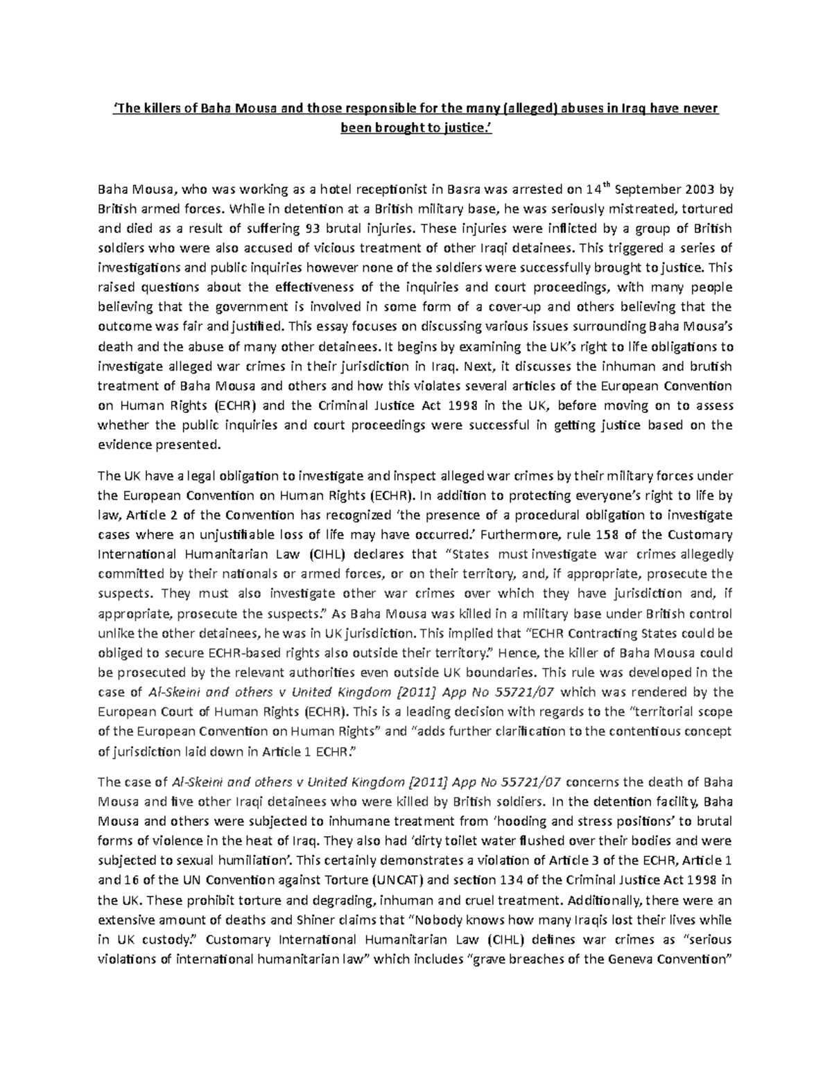 Essay - ‘The killers of Baha Mousa and those responsible for the many ...
