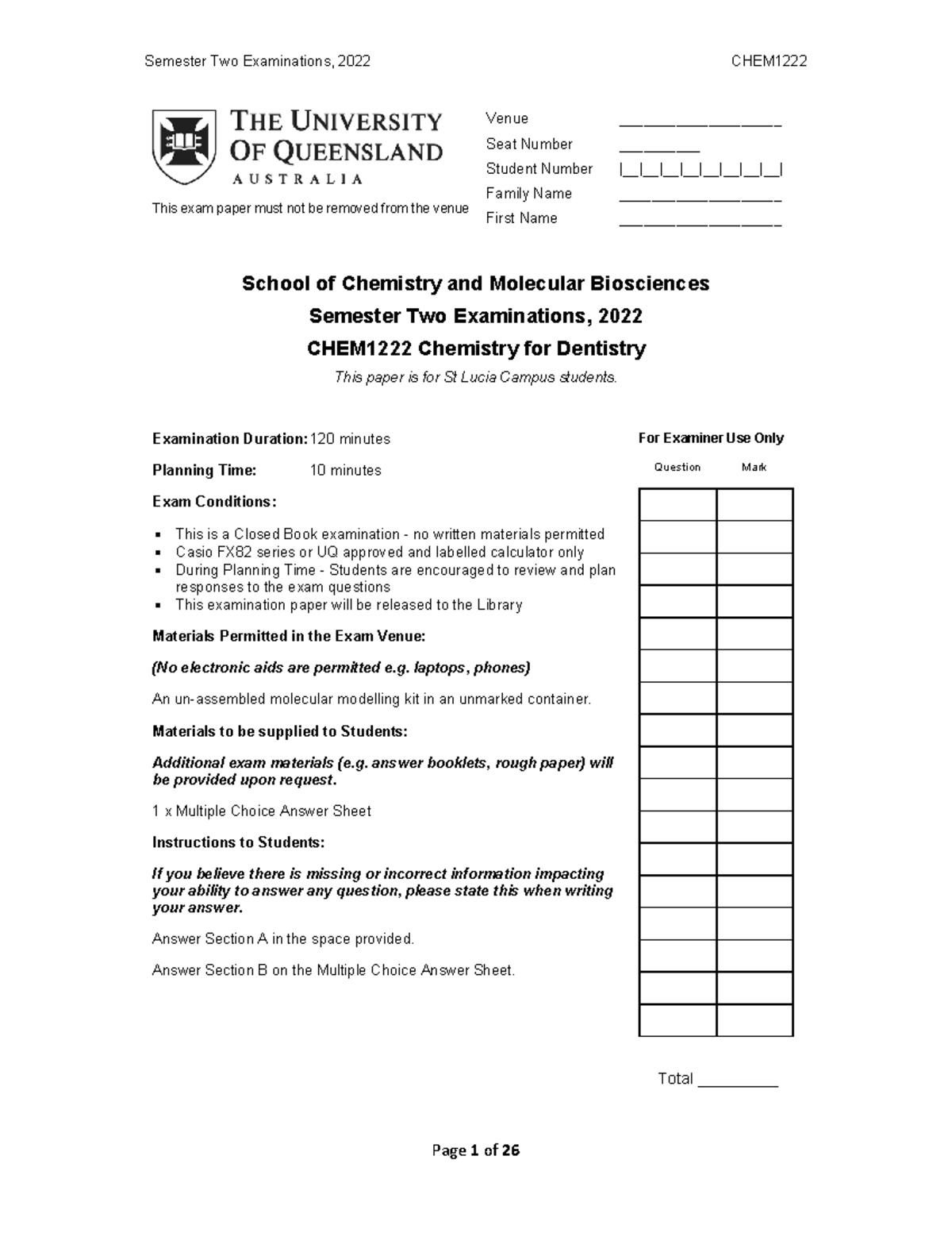 Semester Two Final Examinations 2022 CHEM1222 - School of Chemistry and ...