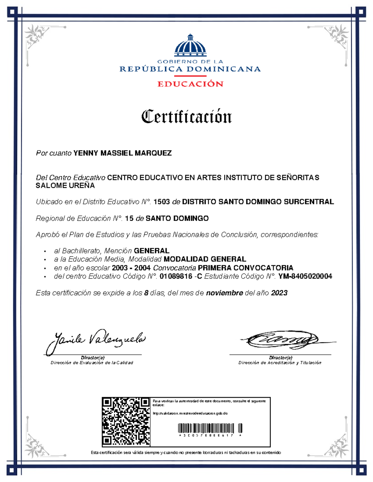 Yenny Marquez - PERSONAL - Certificación Por cuanto YENNY MASSIEL ...