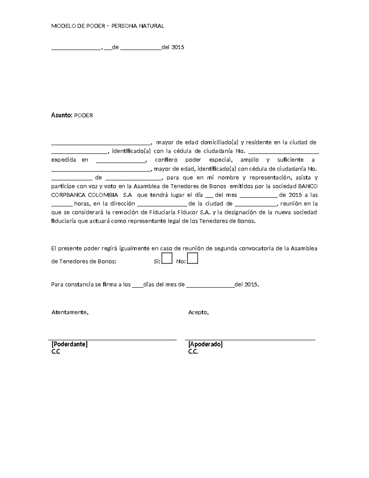 Carta DE Poder - MODELO DE PODER – PERSONA NATURAL , de del 2015 Asunto ...