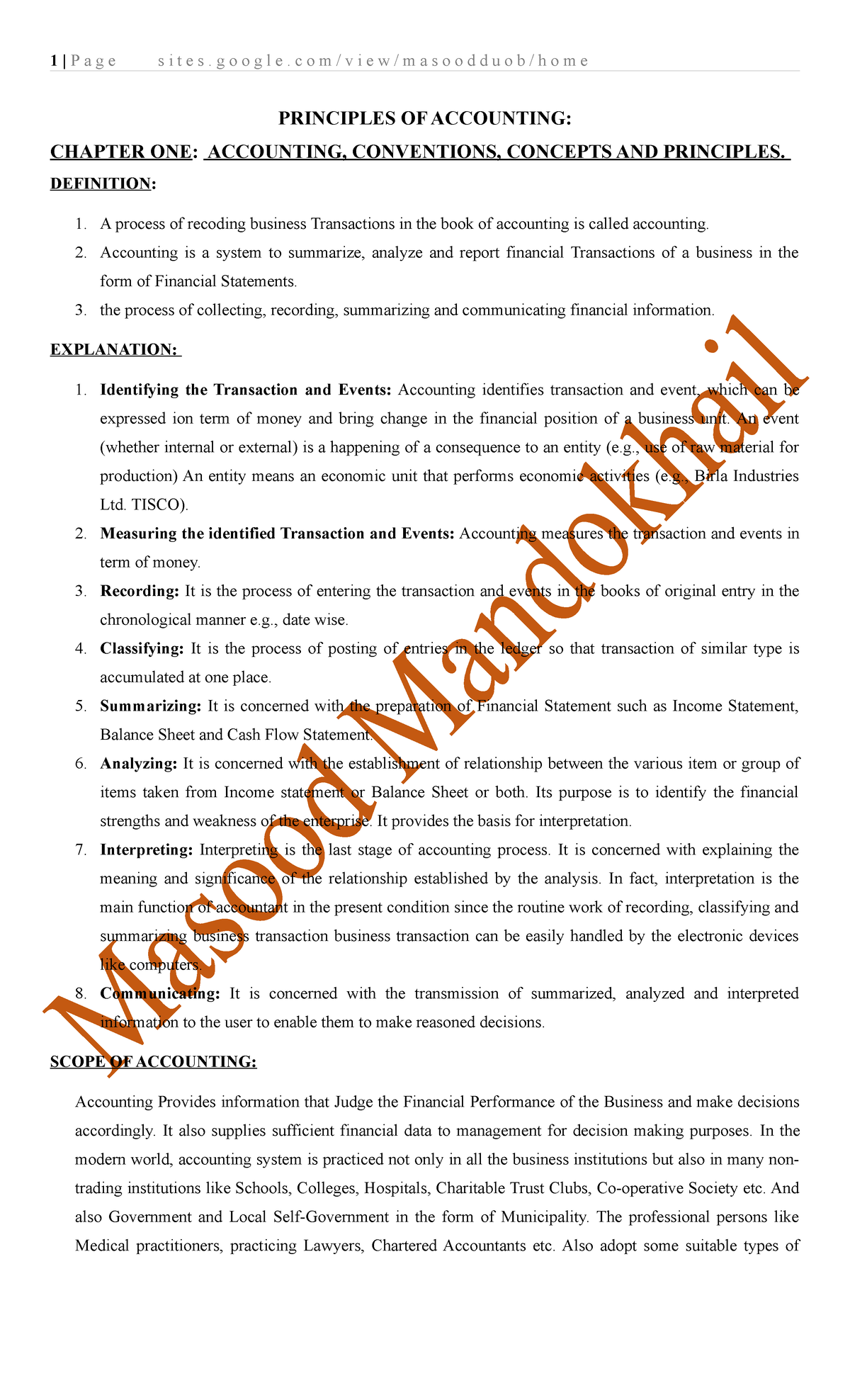 1. Chap 1 Accounting Nature scope concept and convention - PRINCIPLES OF ACCOUNTING: CHAPTER ONE ...