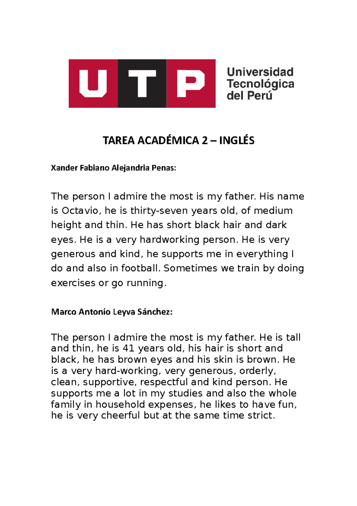 Ingles TA2 - skdkkaka - TAREA ACADÉMICA 2 – INGLÉS Xander Fabiano Alejandria Penas: The person I ...