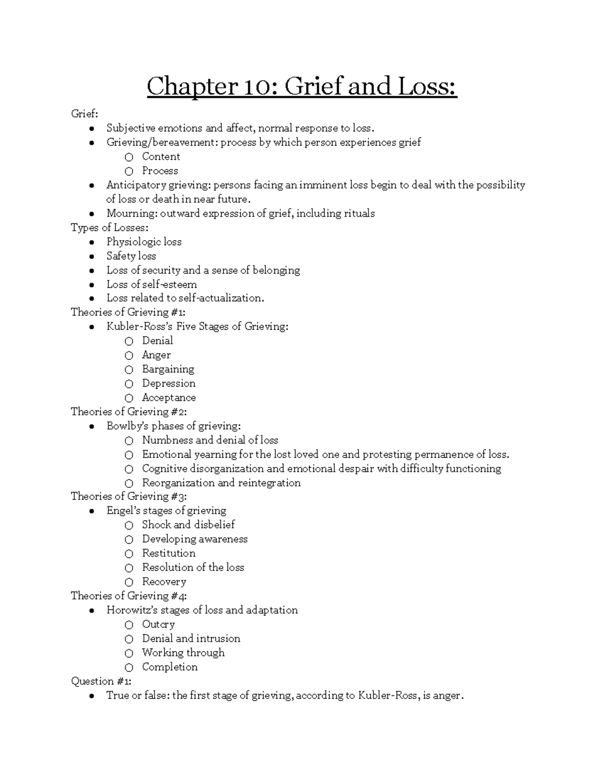 Chapter 10 Notes - Dr. Pamela Wooldridge - Chapter 10: Grief and Loss ...