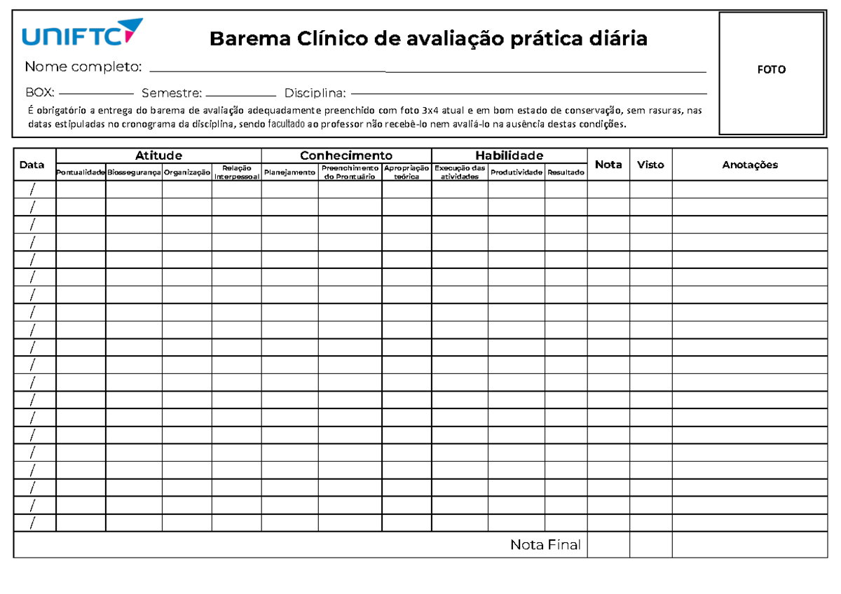 Barema e Planejamento diário - Data Atitude Conhecimento Habilidade ...