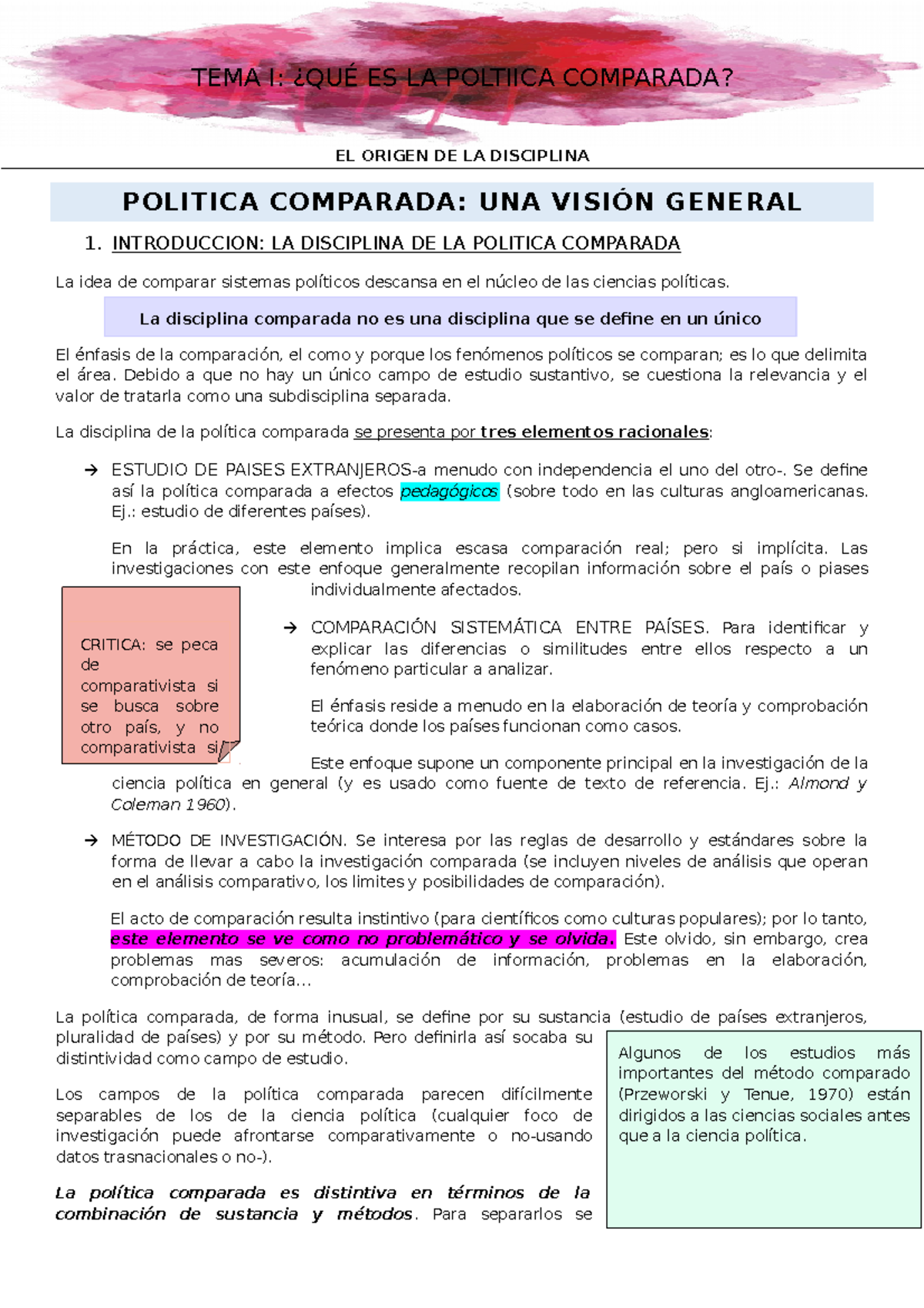 Politica Comparada Resumen - TEMA I: ¿QUÉ ES LA POLTIICA COMPARADA? EL ...