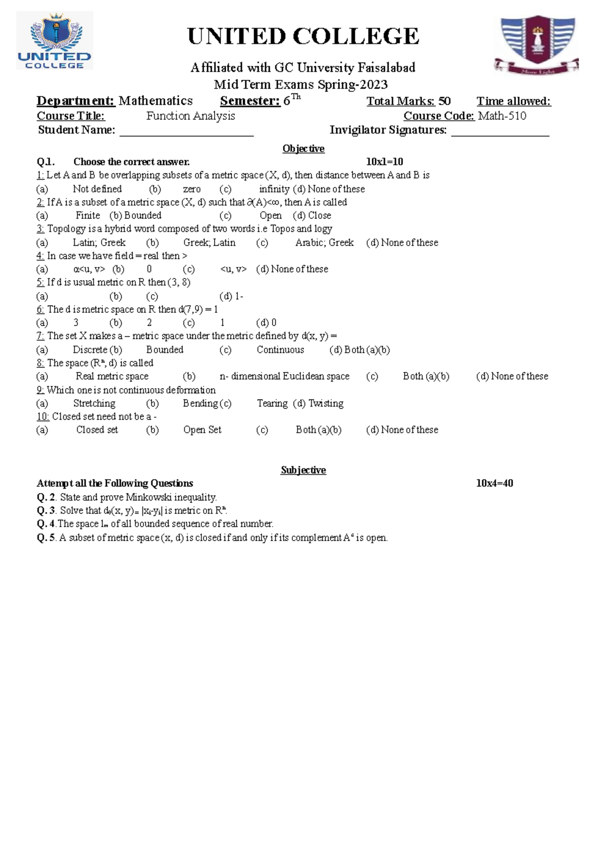 BS Math 6th semster, Functional Analysis - UNITED COLLEGE Affiliated ...