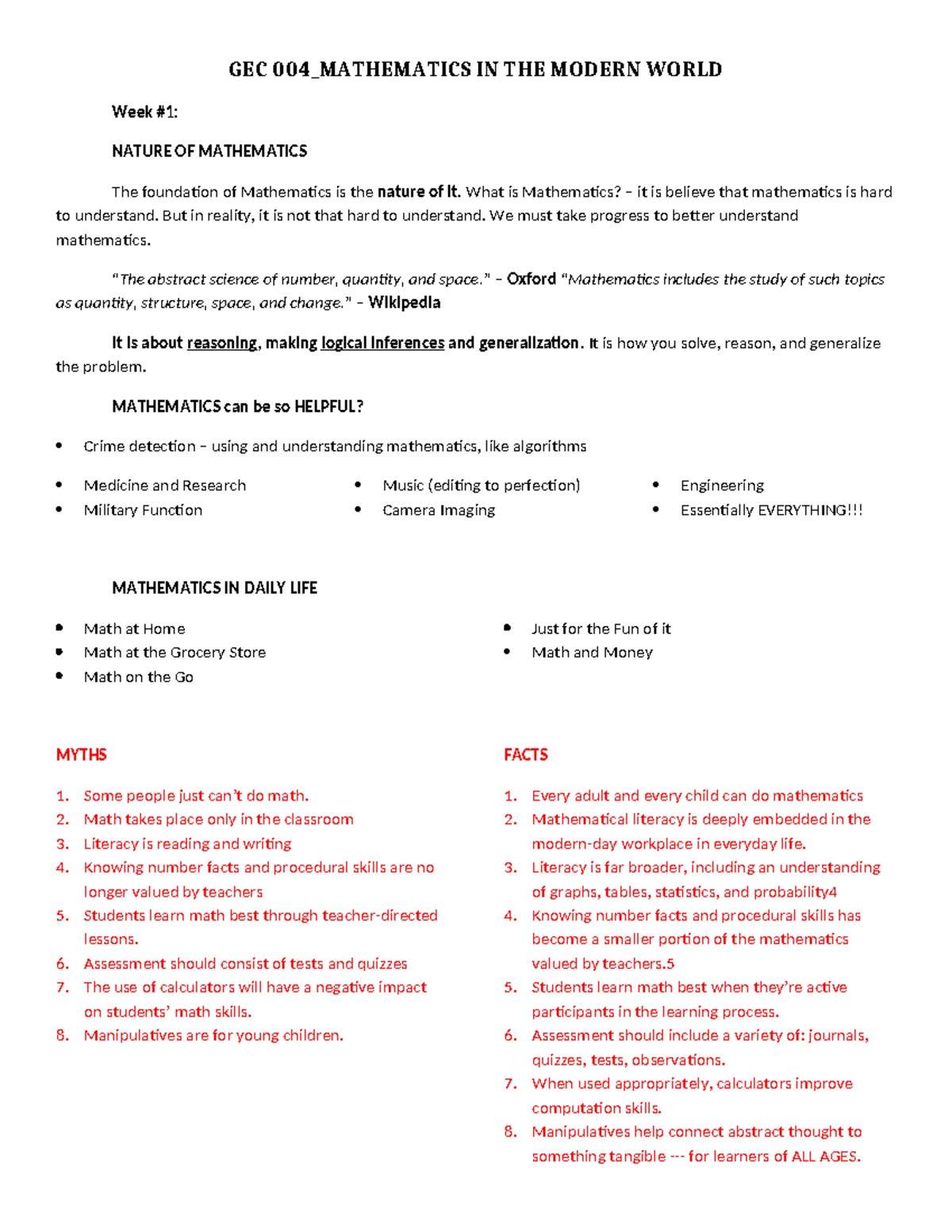 Reviewer - GEC 004_MATHEMATICS IN THE MODERN WORLD Week #1: NATURE OF MATHEMATICS The foundation ...