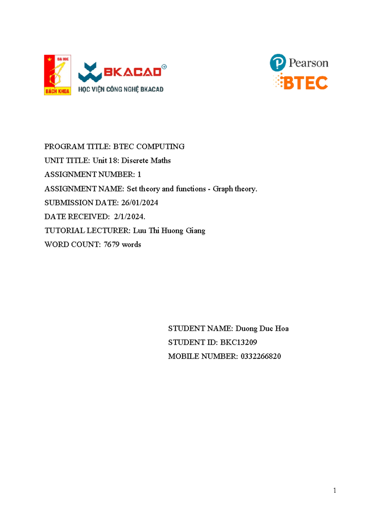 Dương Đức Hòa - Assignment 1 Lần 1 - Discrete Maths - PROGRAM TITLE: BTEC COMPUTING UNIT TITLE ...