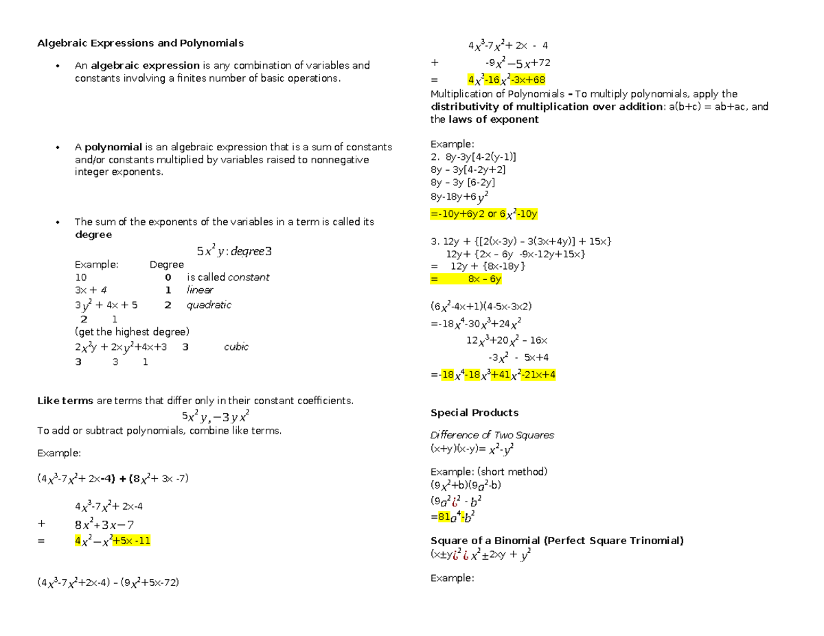 Algebraic Expressions and Polynomials - A polynomial is an algebraic ...