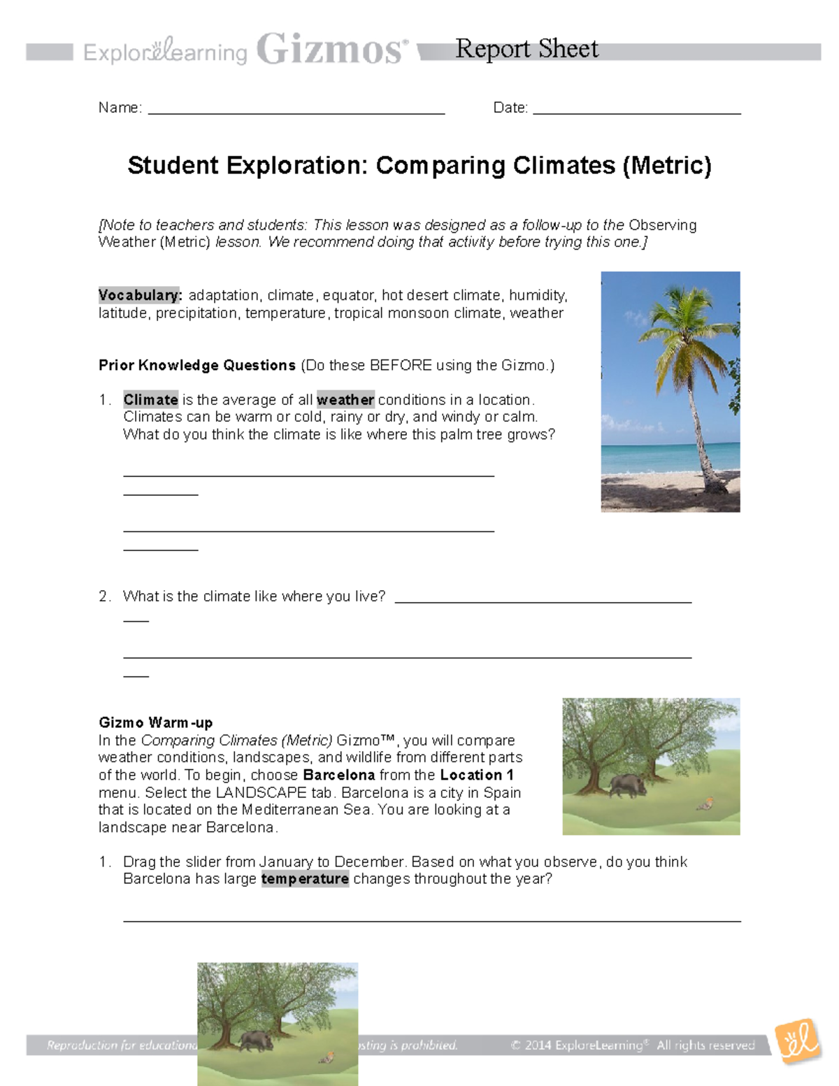 Topic 8- Comparing Climates Report - Name: Date: Student Exploration ...