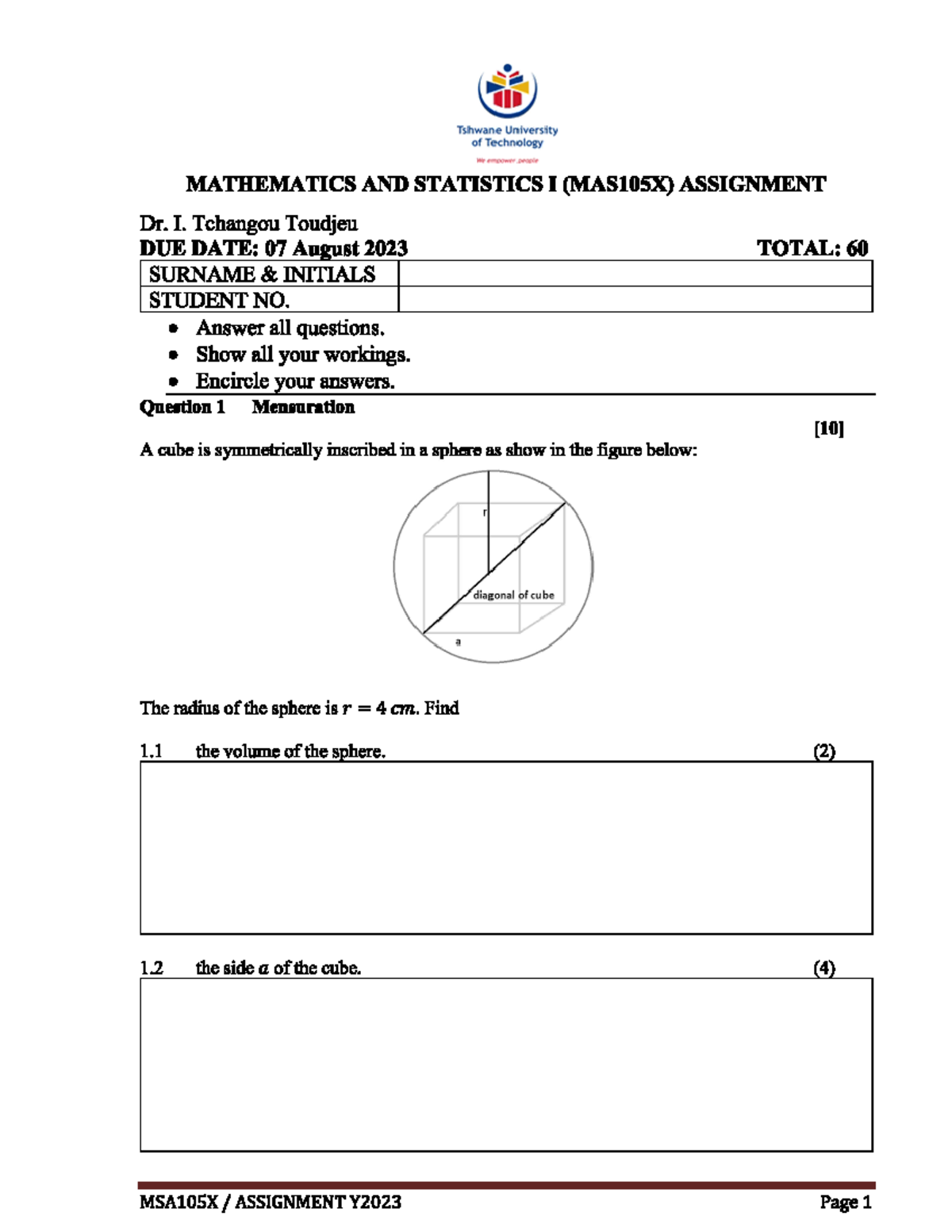 MATH ASSI - Assignment - Tshwane University of Technology Me empower ...