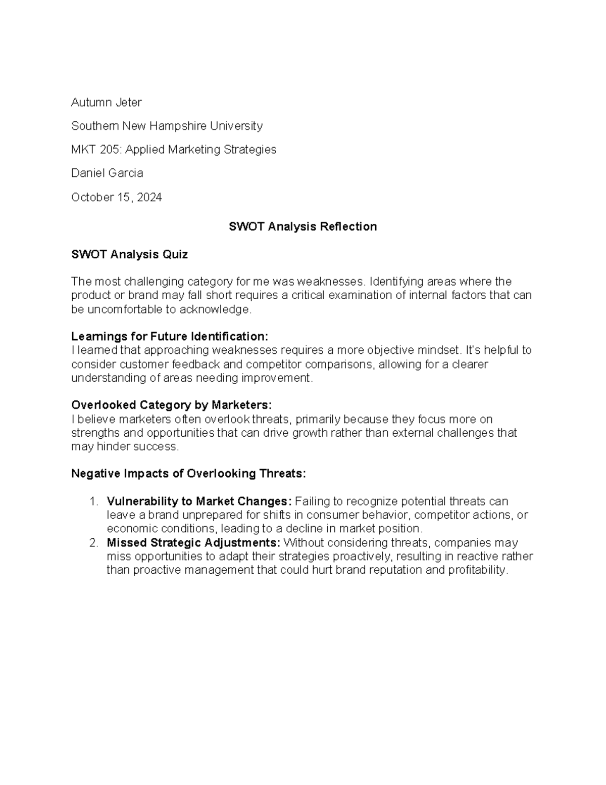 6-2 SWOT Analysis Reflections - Autumn Jeter Southern New Hampshire ...