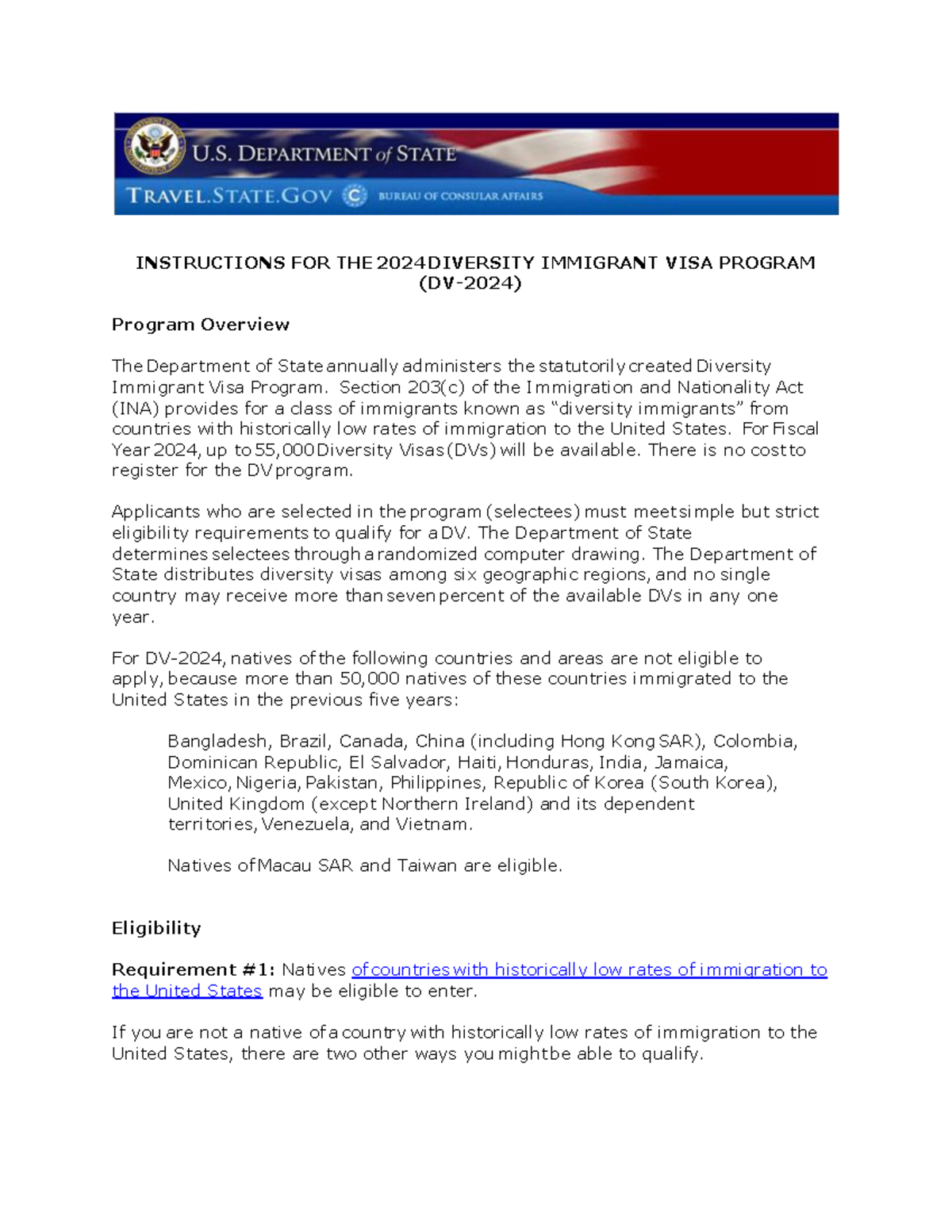 DV 2024 Instructions INSTRUCTIONS FOR THE 202 4 DIVERSITY IMMIGRANT