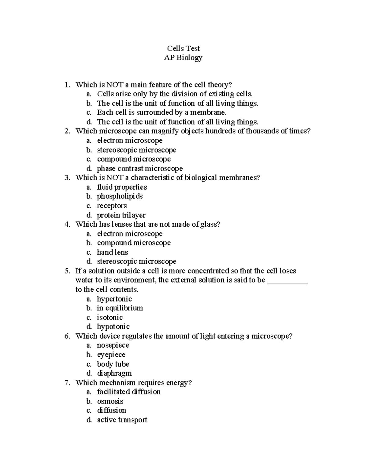 Cell Practice Test - Practive for a Cell Quiz - Cells Test AP Biology ...