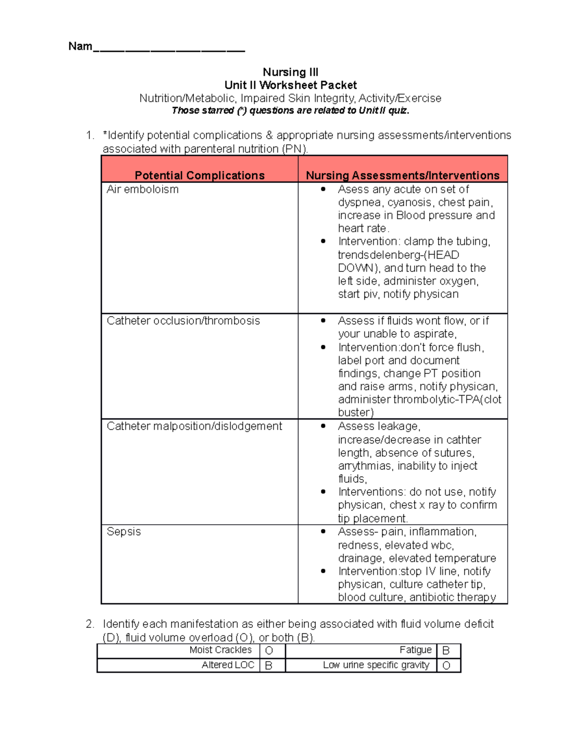 Doc2 - 123 - Nam________________________ Nursing III Unit II Worksheet ...
