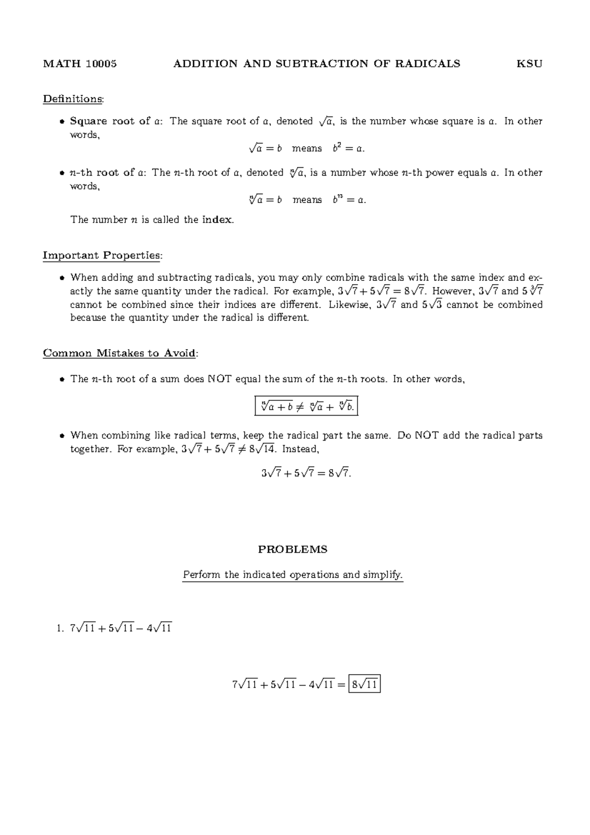 Adding And Subtracting Radicals MATH 10005 ADDITION AND SUBTRACTION adding-and-subtracting-radicals-math-10005-addition-and-subtraction