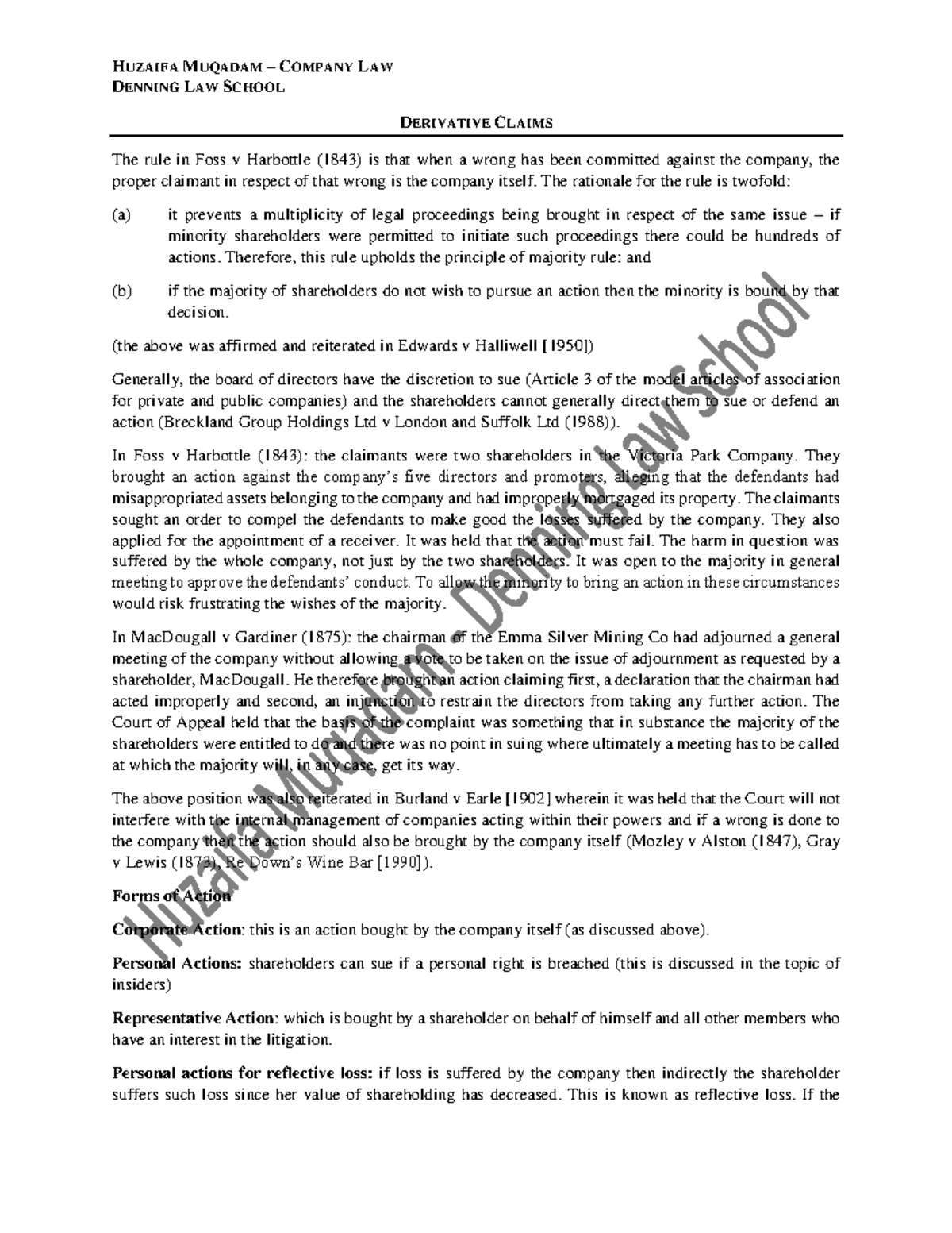 Derivative Claims - Constiution notes for equity - DENNING LAW SCHOOL ...