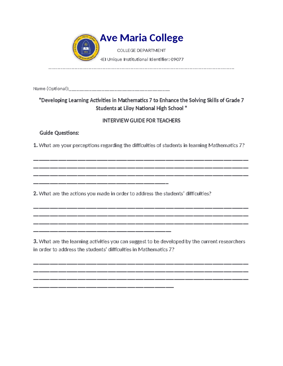 Interview Sheet - Test draft - Ave Maria College COLLEGE DEPARTMENT HEI ...