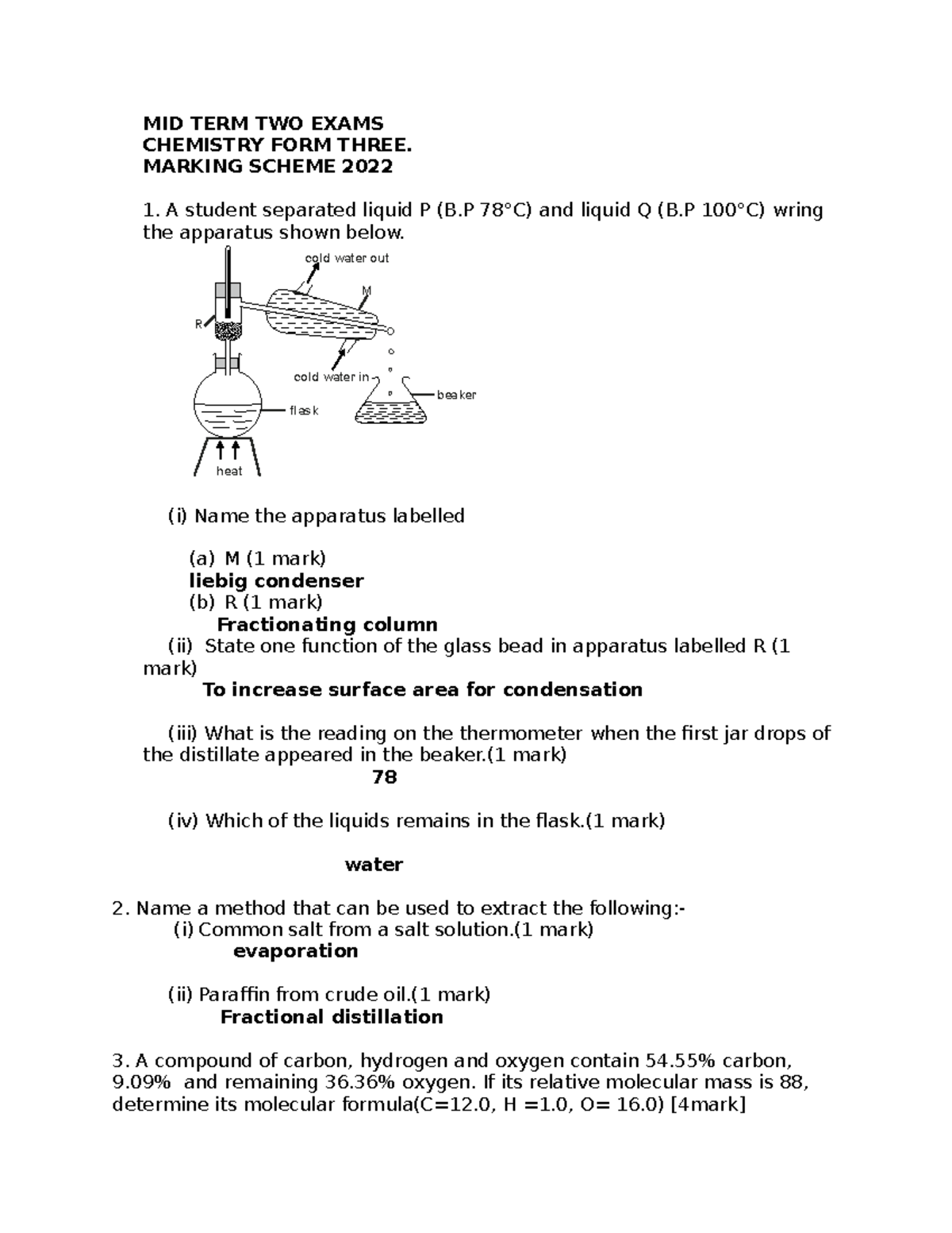 CHEM-F3-MS - Good - MID TERM TWO EXAMS CHEMISTRY FORM THREE. MARKING ...