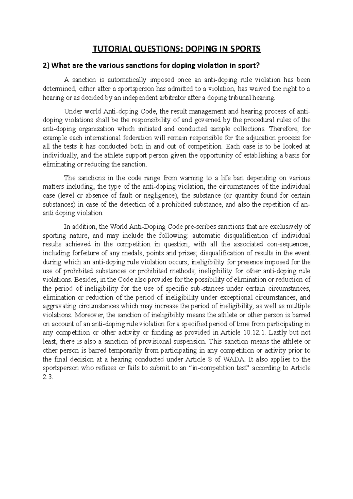 Sports Tutorial Doping - TUTORIAL QUESTIONS: DOPING IN SPORTS 2) What ...