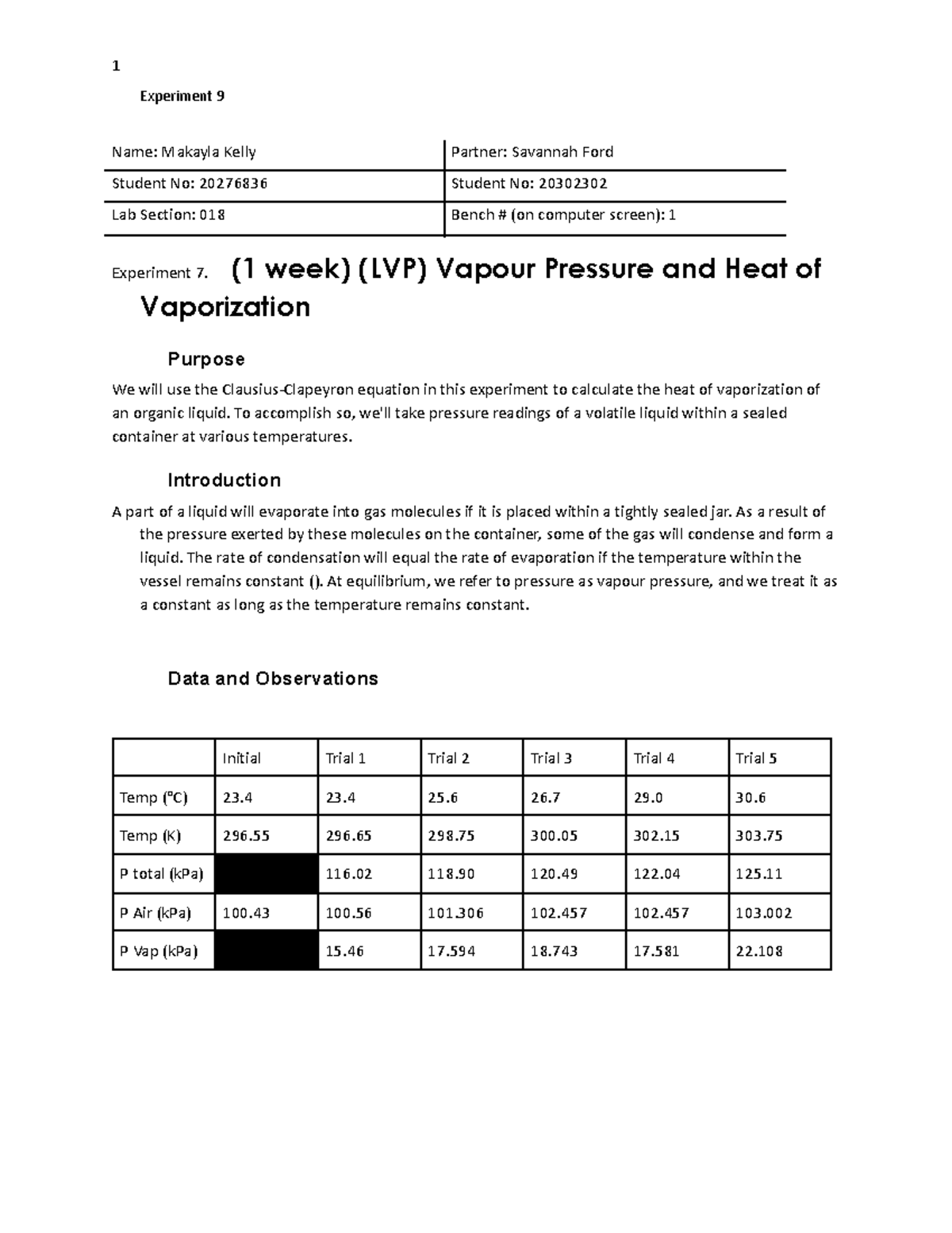 Vapour Pressure - lab assignment gen - 1 Experiment 9 Name: Makayla ...