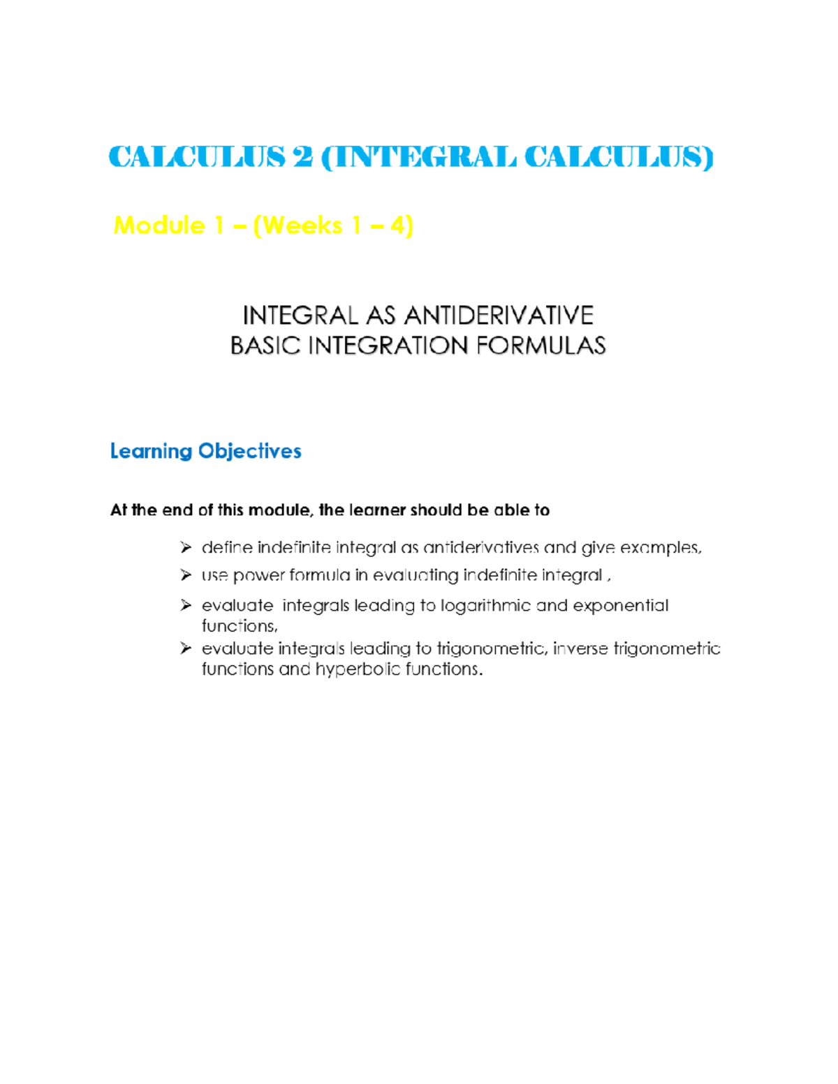 Indefinite Integral Formulas - Integral Calculus - Studocu
