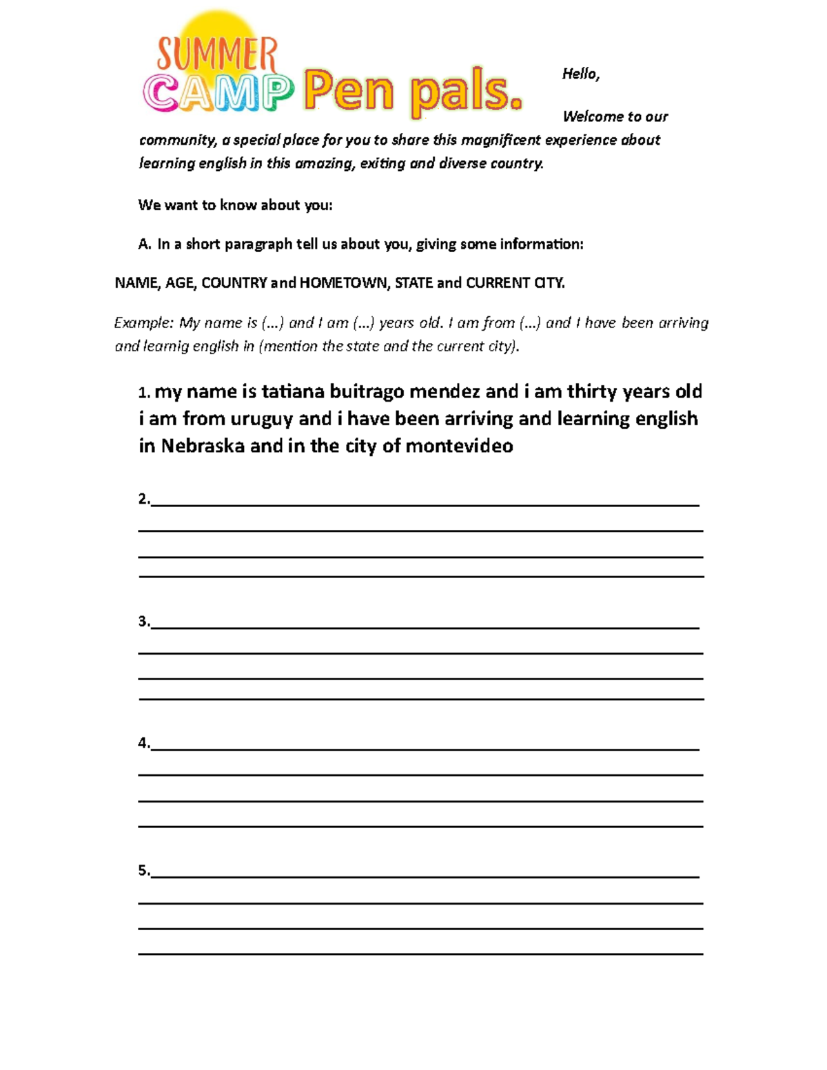 Summer Camp Pen Pal Form - First Phase 2022165 - Hello, Welcome to our ...