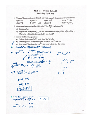 Workshop 1 -Calc 151 - This is a worksheet done during recitation. It ...