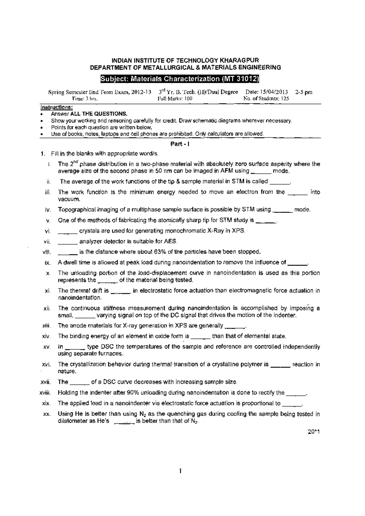 Materials Characterization - B. Tech. (H)/Dual Degree Date: 15/04/2013 ...