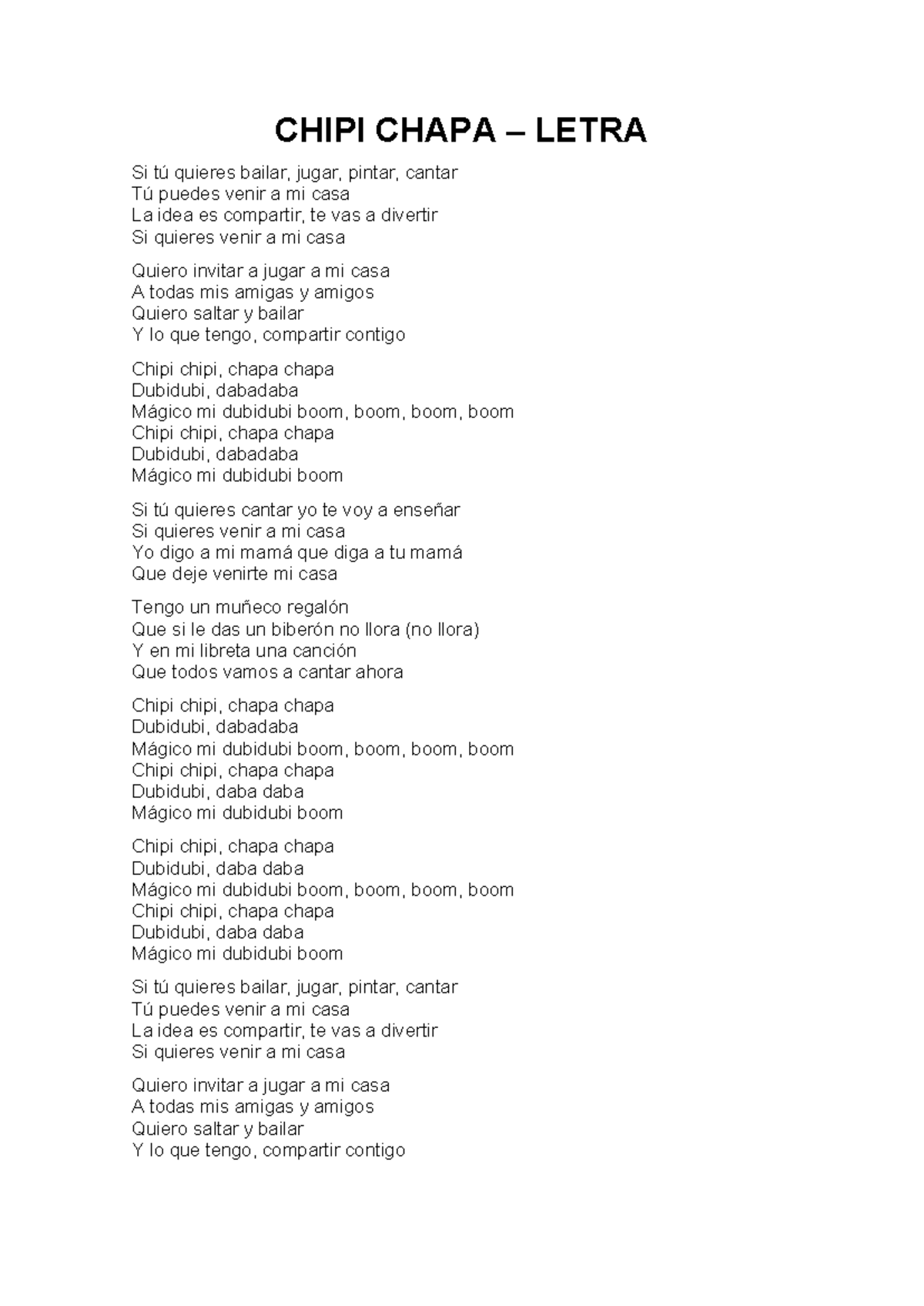 Chipi Chapa - letra - CHIPI CHAPA – LETRA Si tú quieres bailar, jugar ...