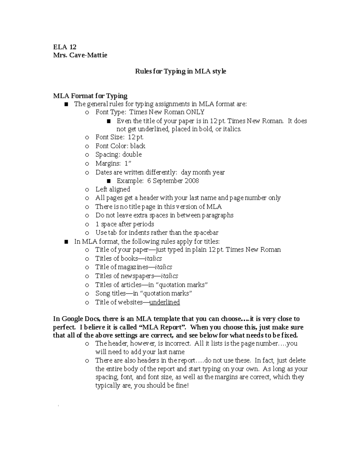 Typing in MLA - MLA - ELA 12 Mrs. Cave-Mattie Rules for Typing in MLA ...