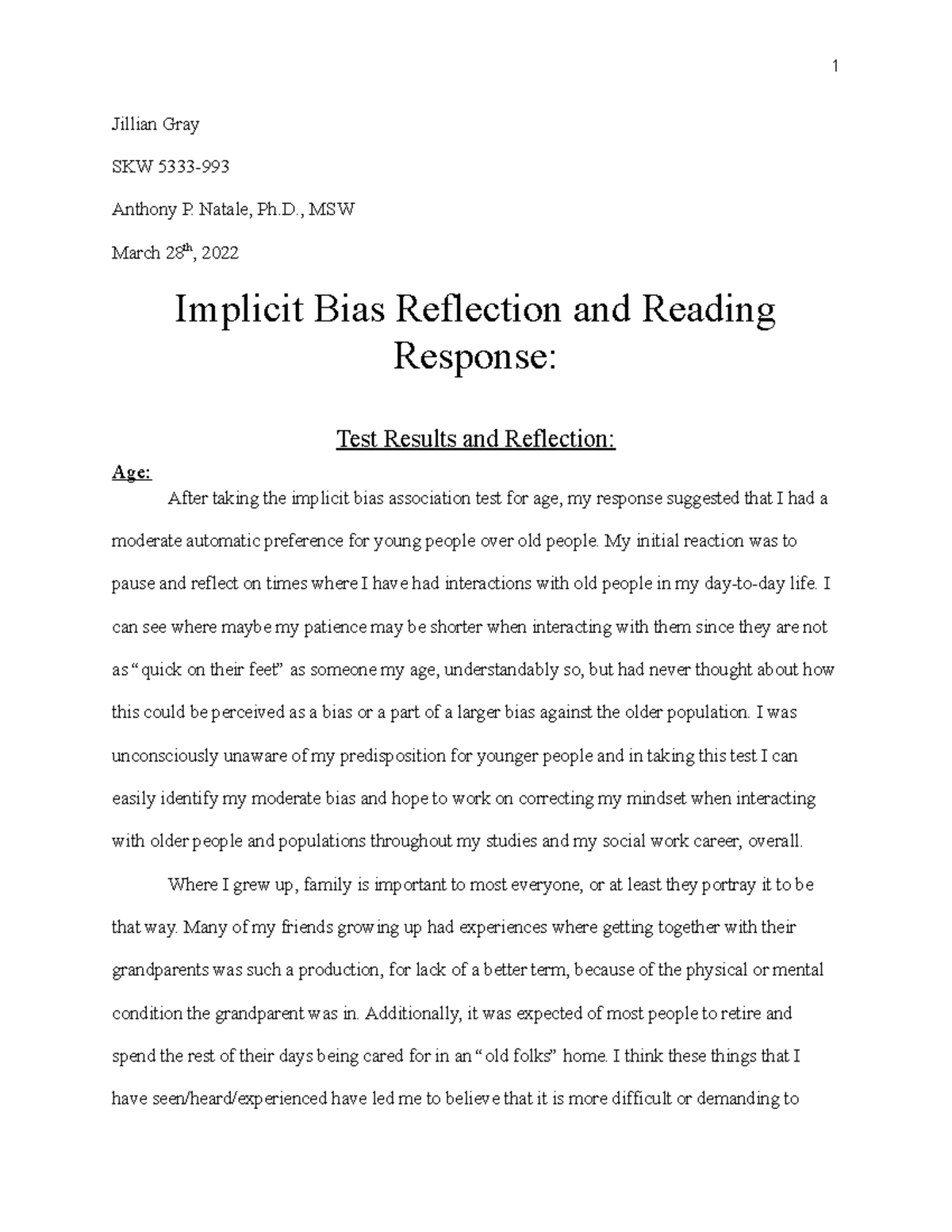 Jillian Gray Implicit Bias Reflection Paper - Jillian Gray SKW 5333 ...
