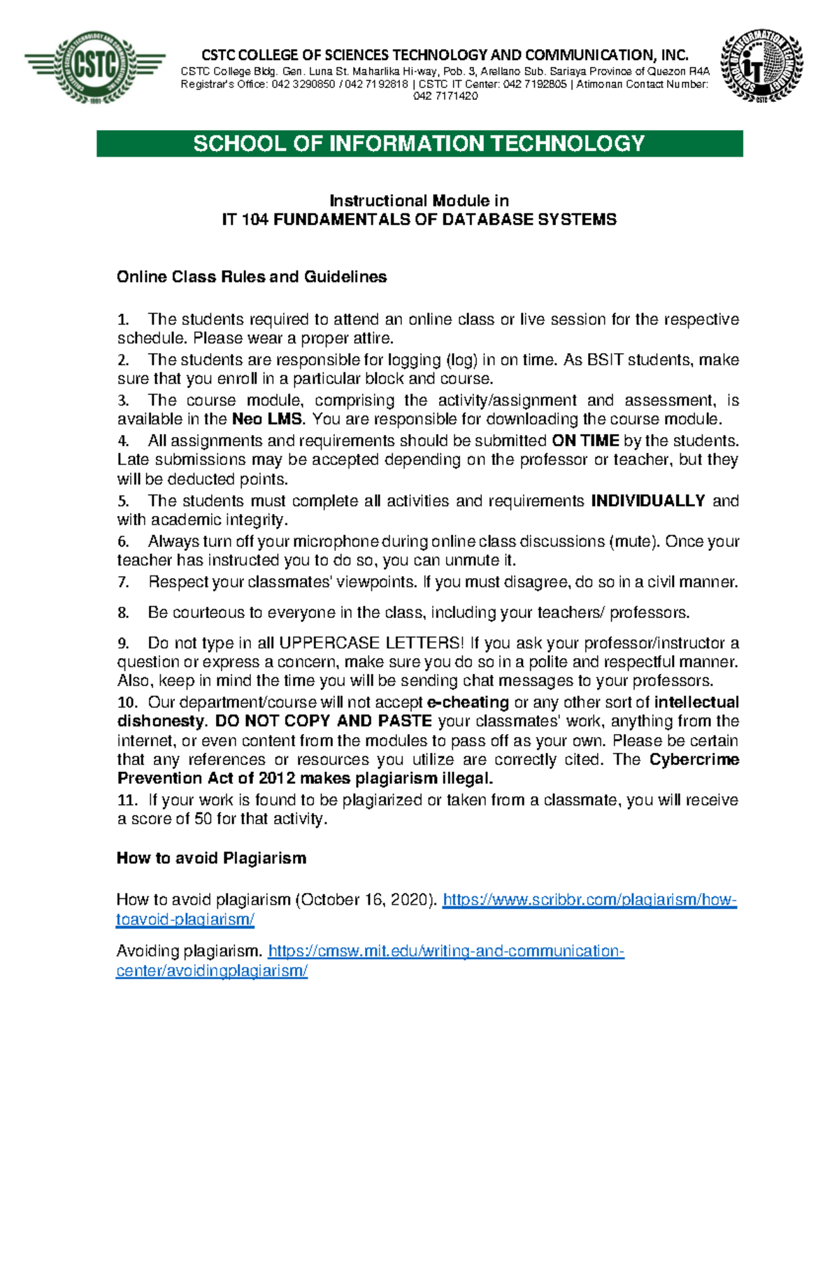 IT104 Fundamentals-OF- Database- Systems Prelim Lesson 3 - CSTC College ...