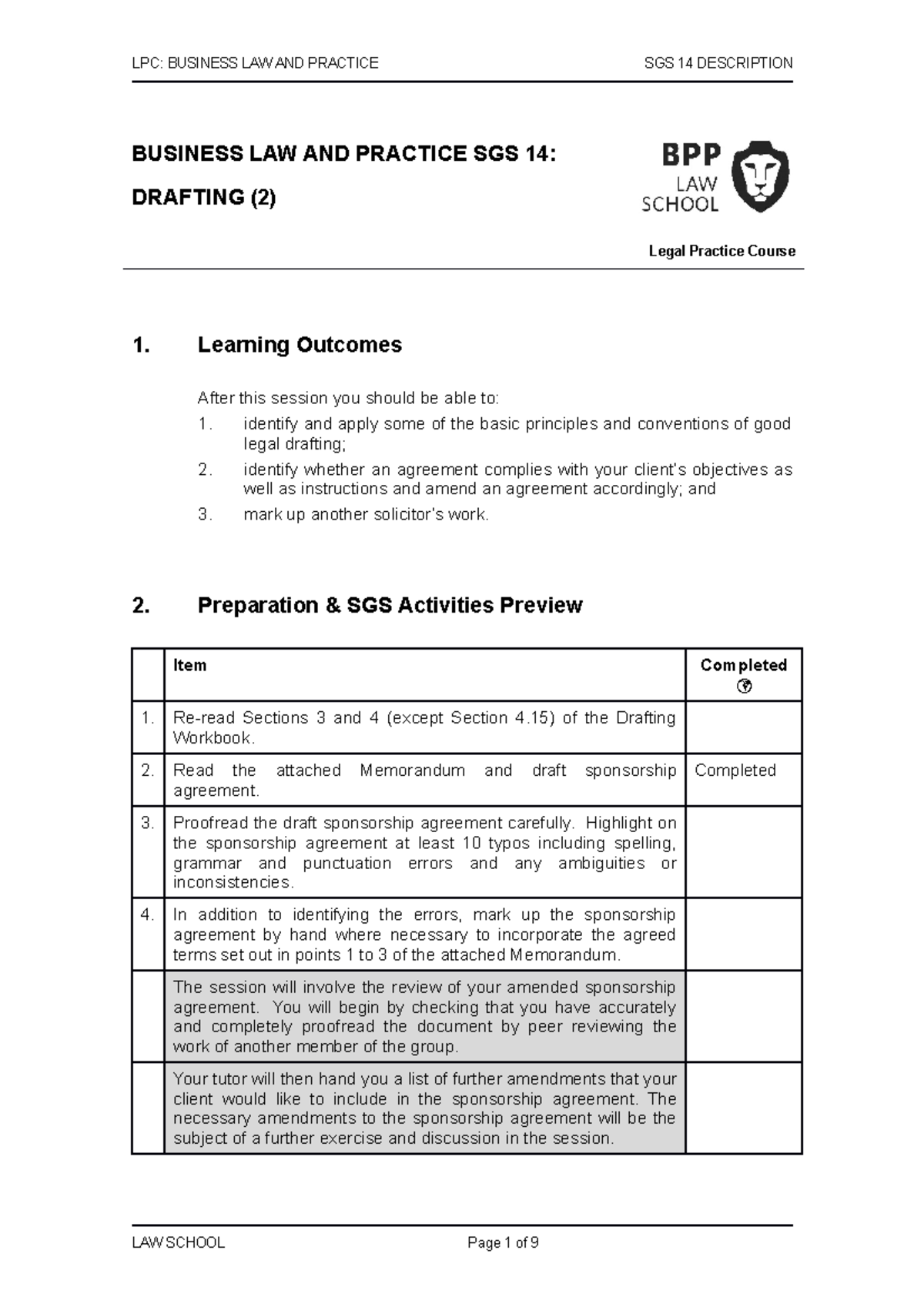 BLP SGS 14 Description 2023-24 - LPC: BUSINESS LAW AND PRACTICE SGS 14 ...