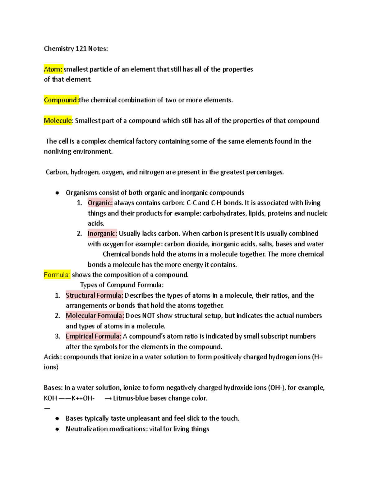 Chemistry 121 Chapter 1 Notes - Chemistry 121 Notes: Atom: smallest ...