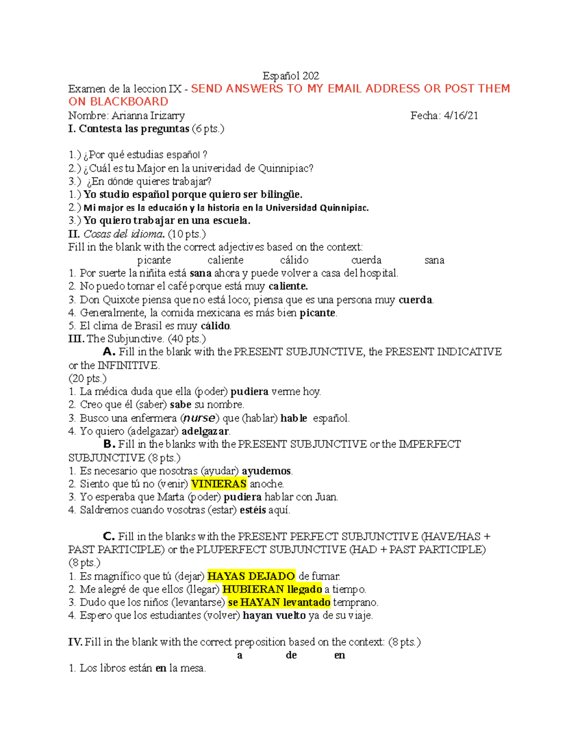 Chapter 9 Test - Español 202 Examen de la leccion IX - SEND ANSWERS TO ...