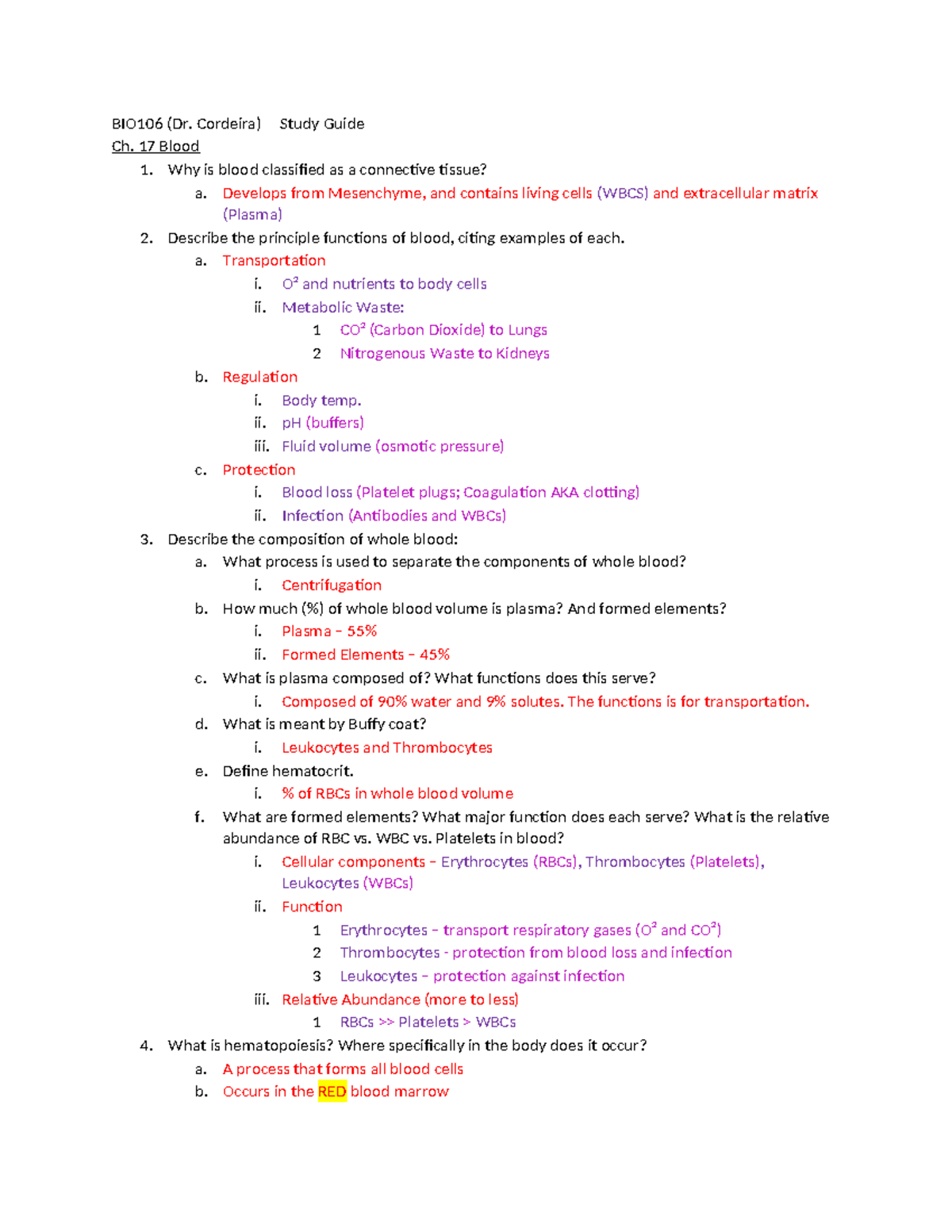Ch17 Study guide - Blood - BIO106 (Dr. Cordeira) Study Guide Ch. 17 ...