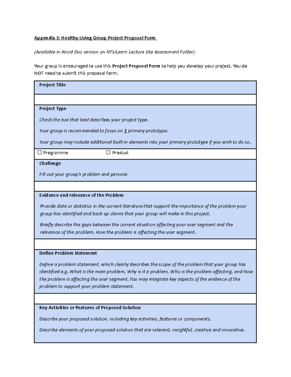 HL Group Project Proposal Form (Editable) - Appendix 3: Healthy Living ...