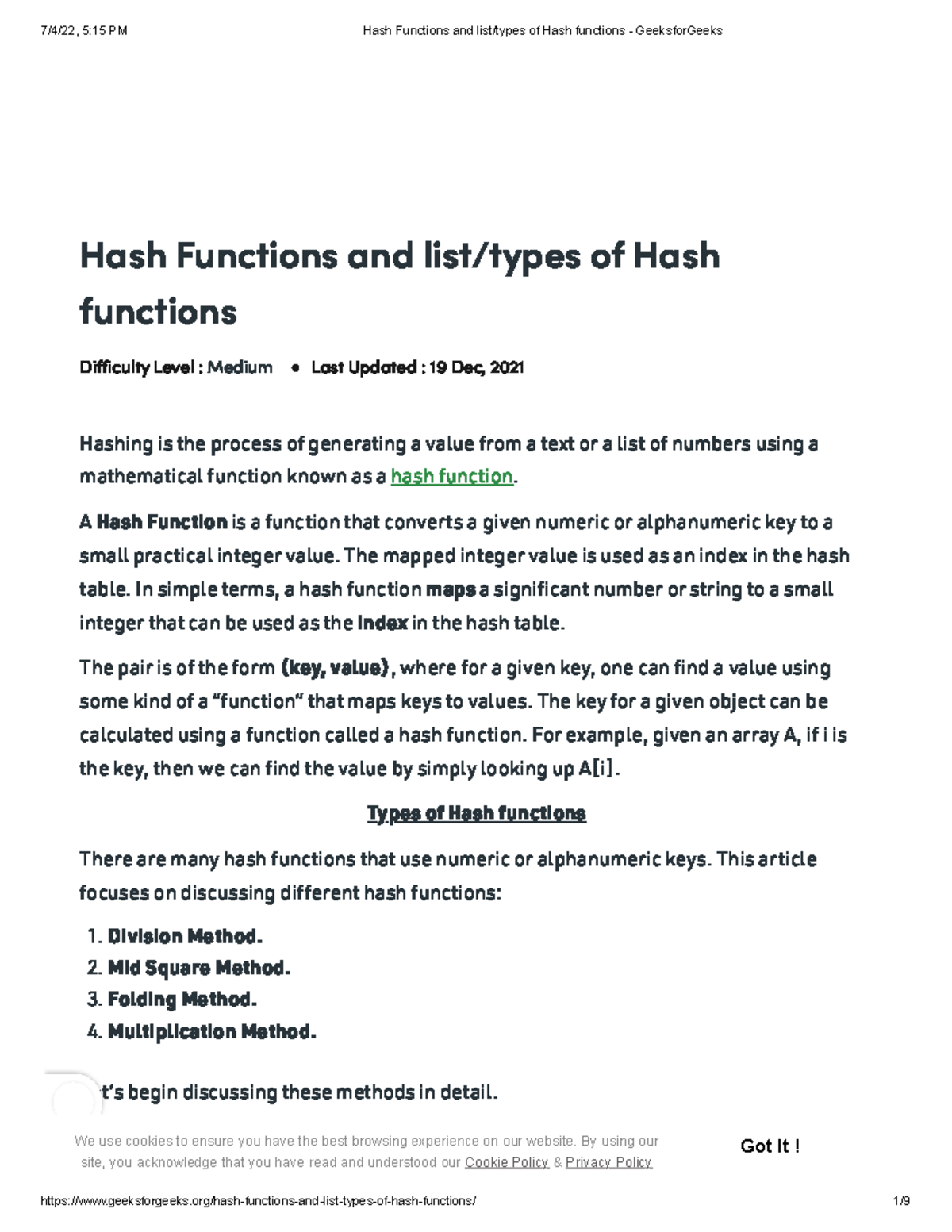 Hash Functions - Notes - Difficulty Level : Medium Last Updated : 19 ...