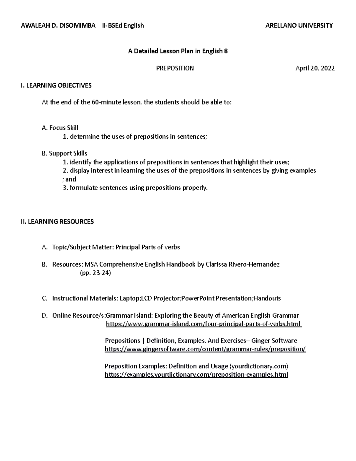 Preposition - AWALEAH D. DISOMIMBA II-BSEd English ARELLANO UNIVERSITY ...