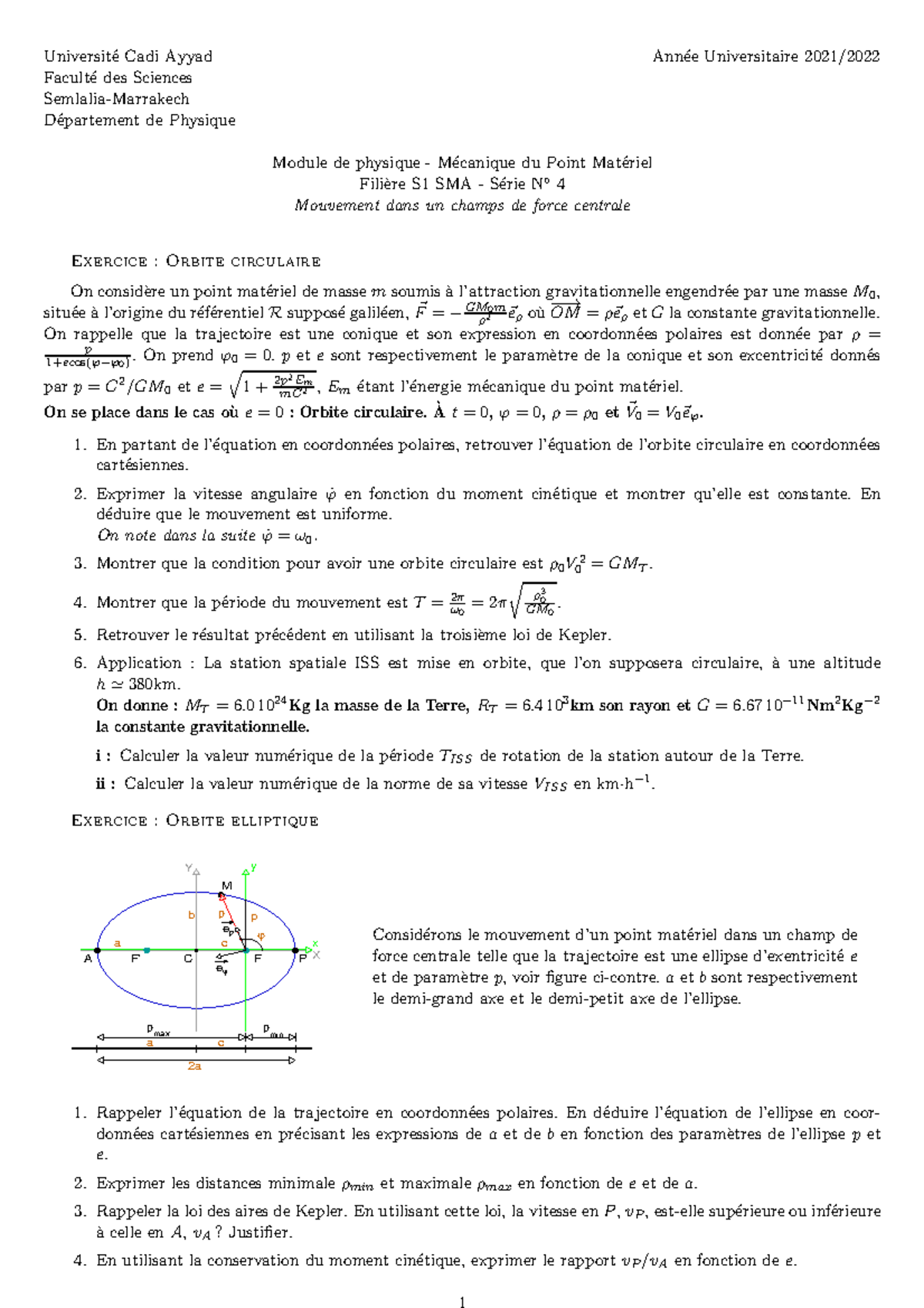 Td4 - Module de physique - M´ecanique du Point Mat´eriel Fili`ere S1 SMA - S´erie - Universit ́e ...