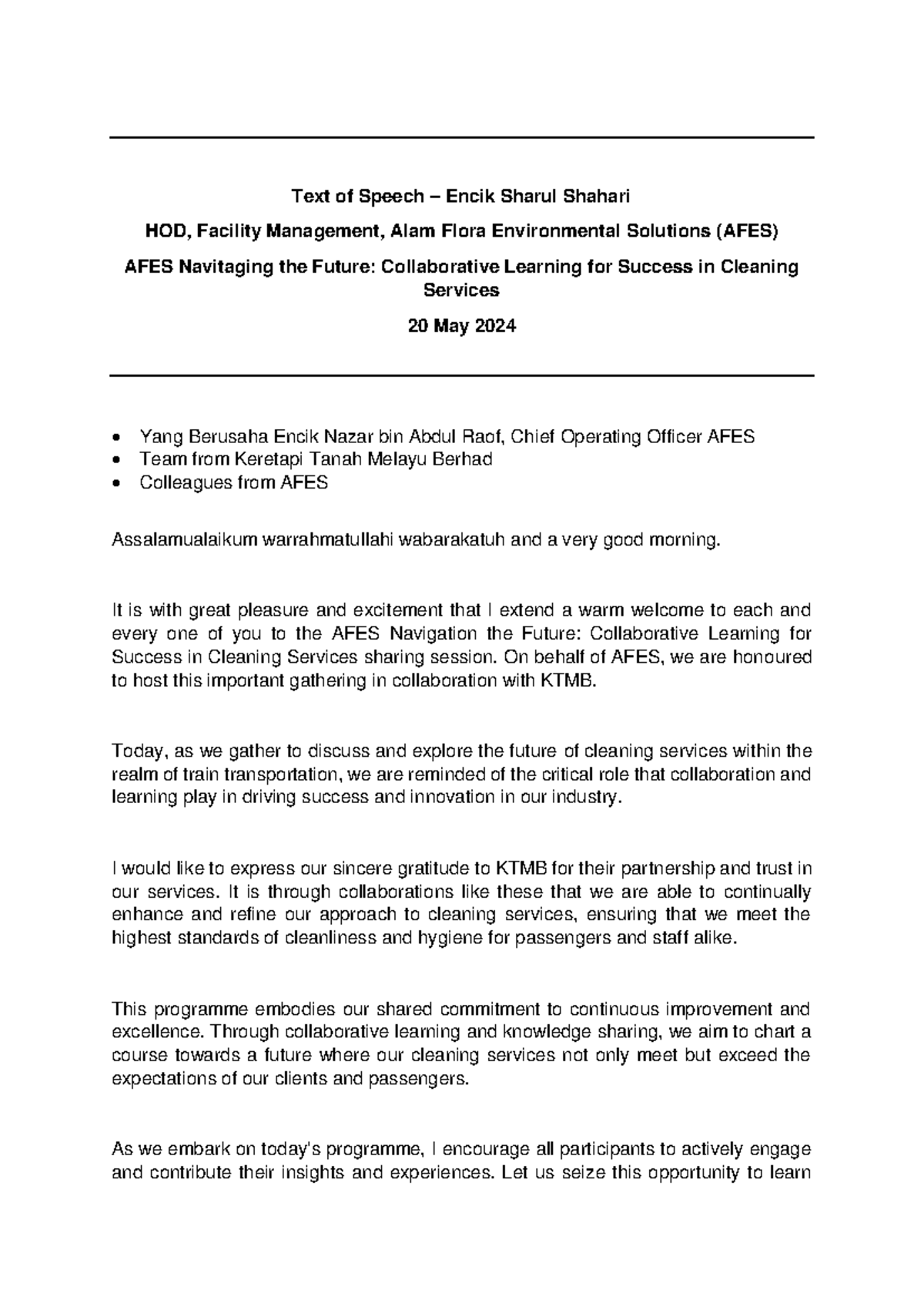 Text of Speech Sharul Shahari KTMB draft 17052024 - Text of Speech ...