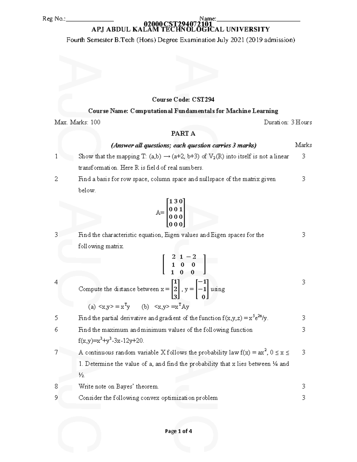 Question Paper 2022 Jan CST294 - 02000CST Course Code: CST Course Name: Computational ...
