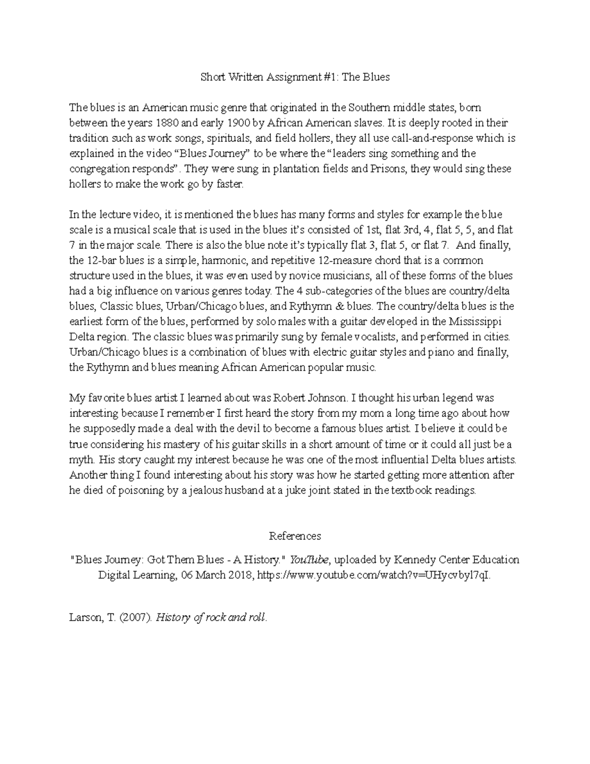 Short written assignment The Blues - Short Written Assignment #1: The ...