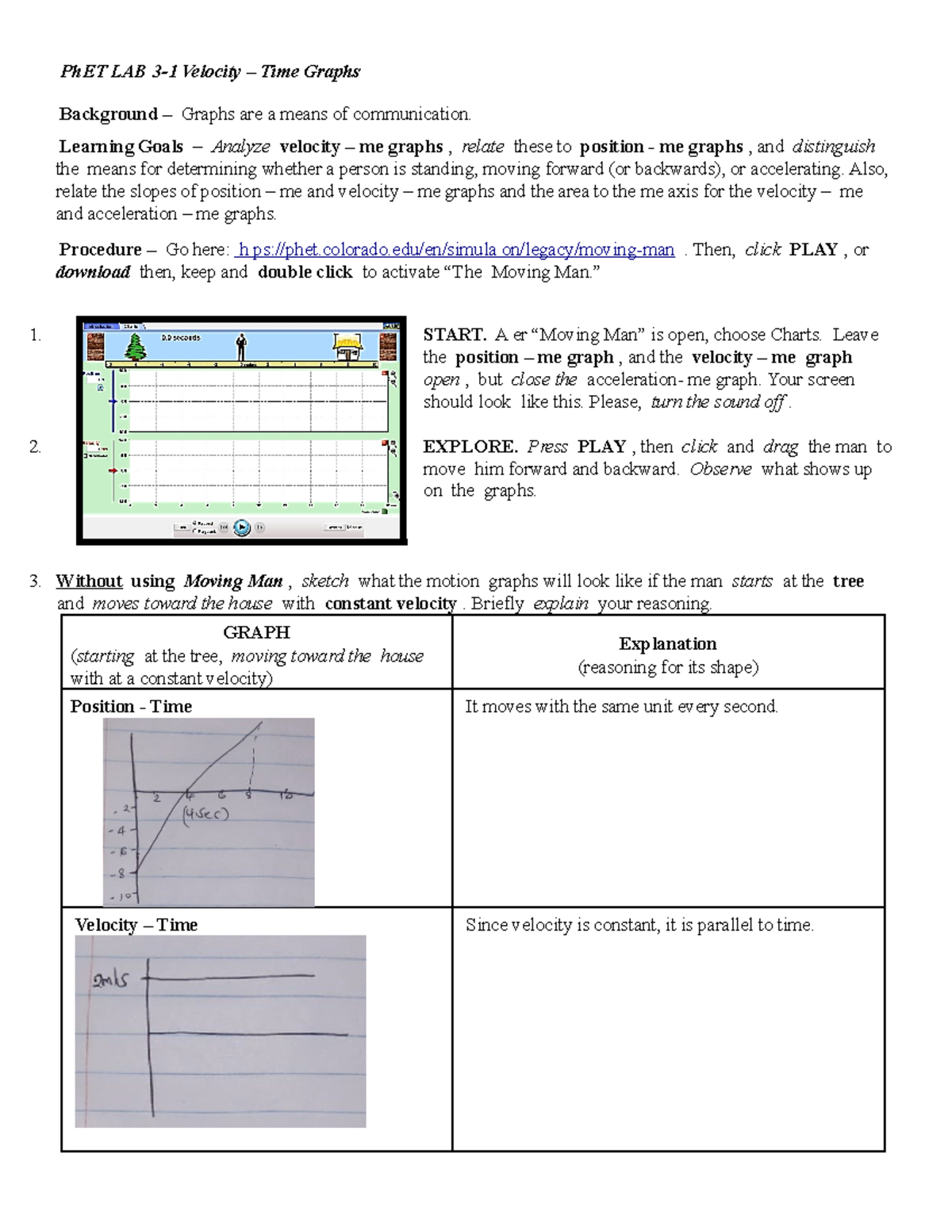 1D Motion Assignment1d Motion - PhET LAB 3-1 Velocity – Time Graphs Background – Graphs are a ...