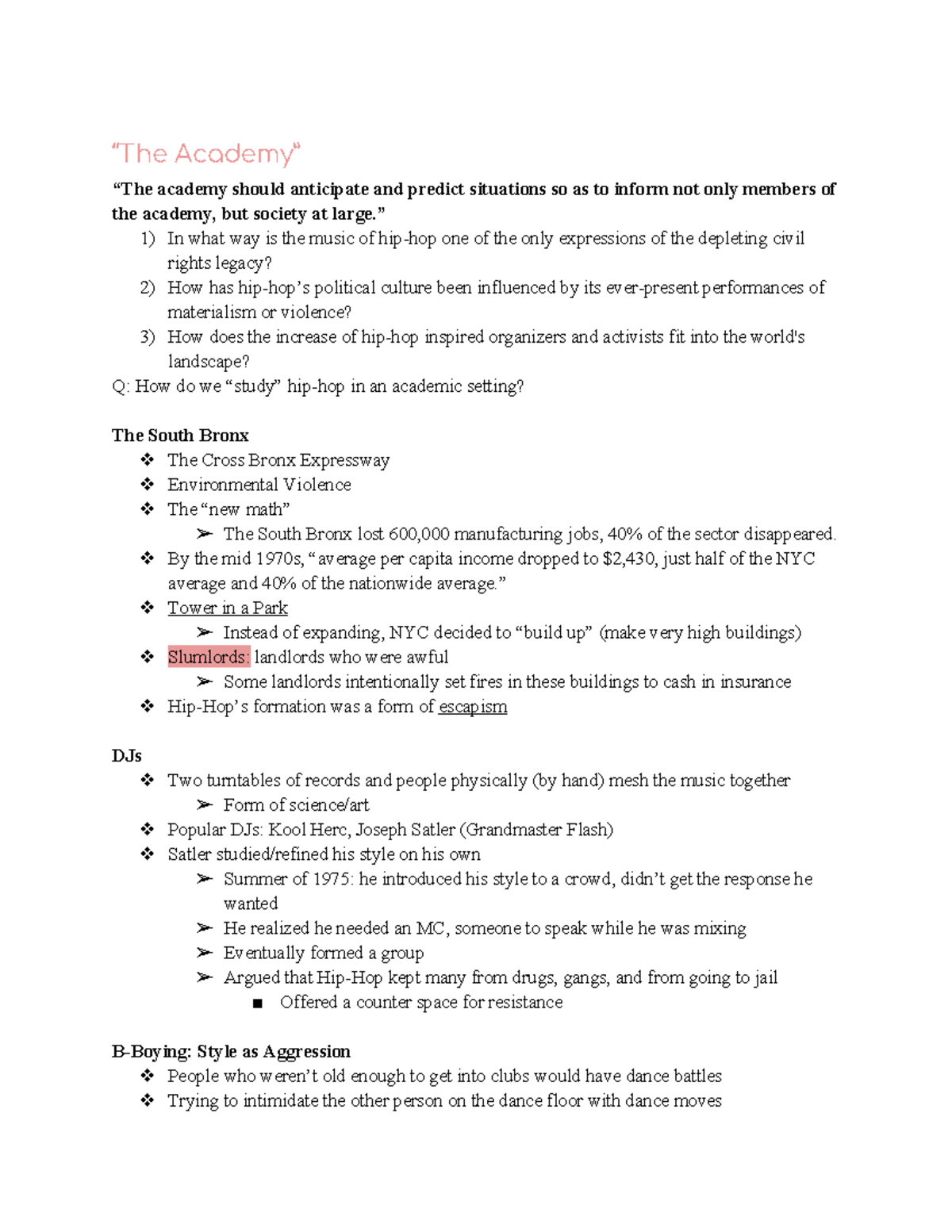 Module 1 Hip-Hop Notes - “The Academy” “The academy should anticipate ...