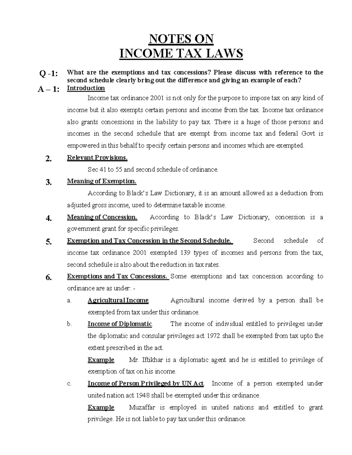 Notes on Taxation Laws - NOTES ON INCOME TAX LAWS Q -1: What are the ...